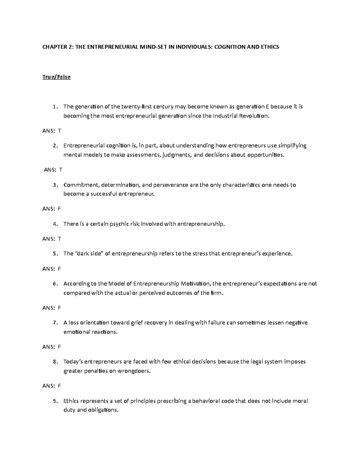 Entrep reviewer and Answers for entrepreneurship quiz - CHAPTER 2: THE ...