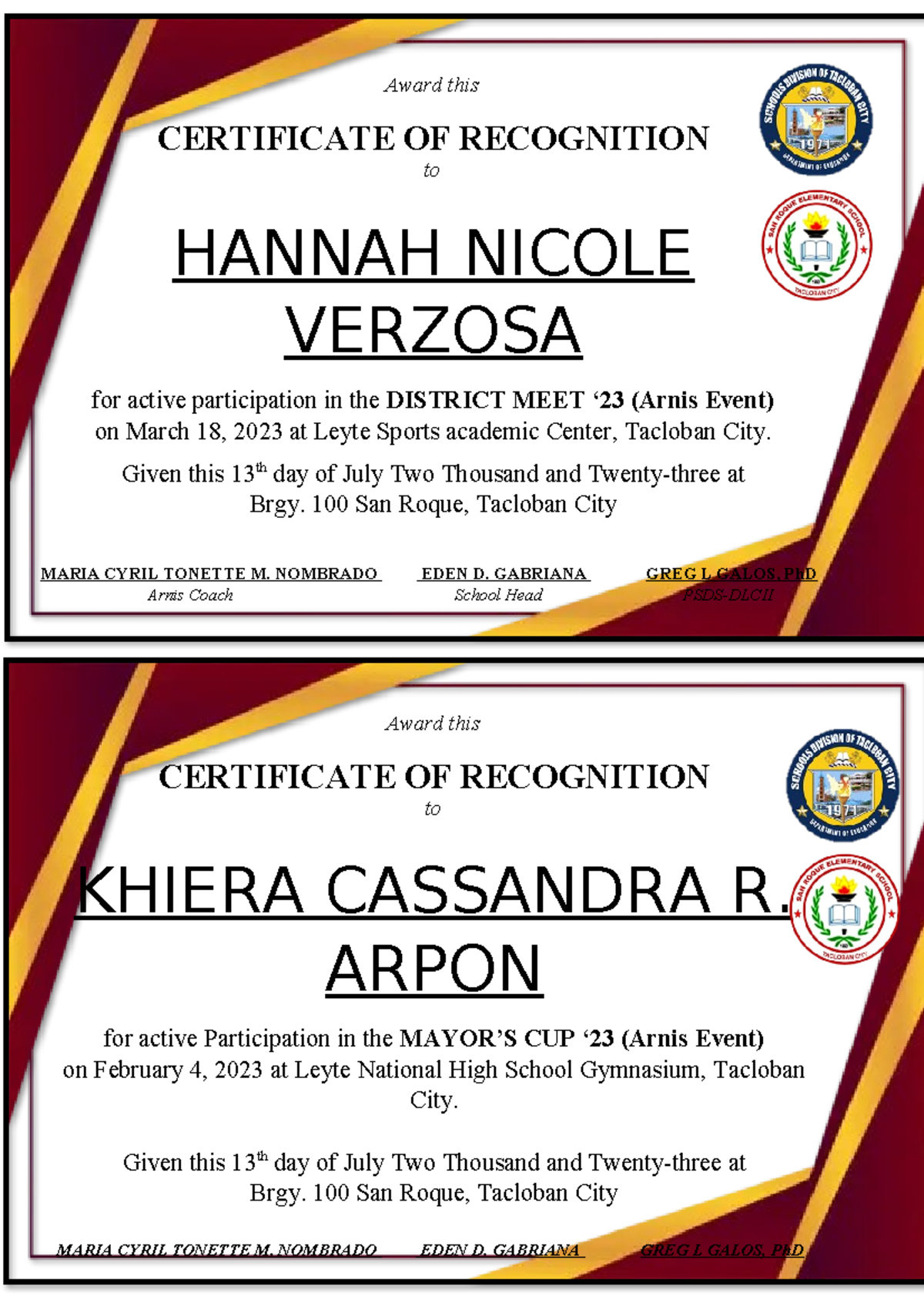 Arnis Certificate of Recognition for District Meet & Mayor's Cup ‘23 ...