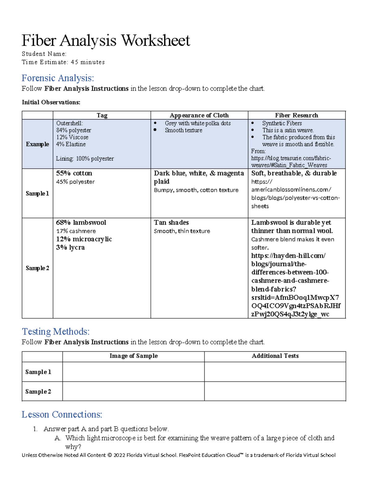 Fiber Analysis Worksheet for Forensic Studies: Detailed Samples ...