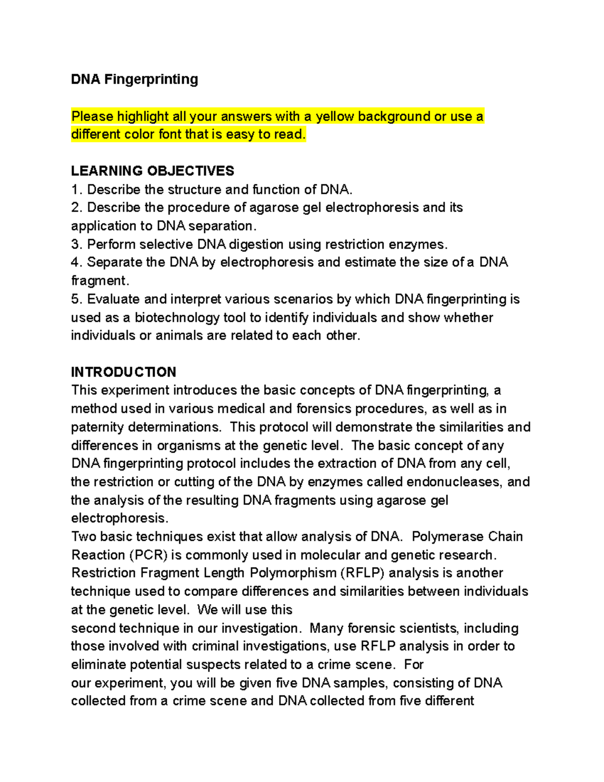 DNA Fingerprinting Techniques and RFLP Analysis for BIO 125 Lab - Studocu
