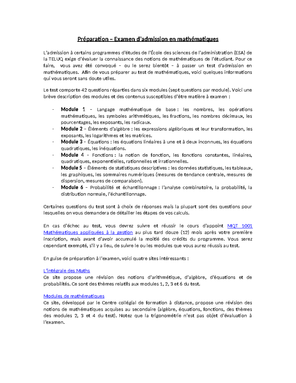 Préparation au Test de Mathématiques (MQT 1001) - Décembre 2015 - Studocu