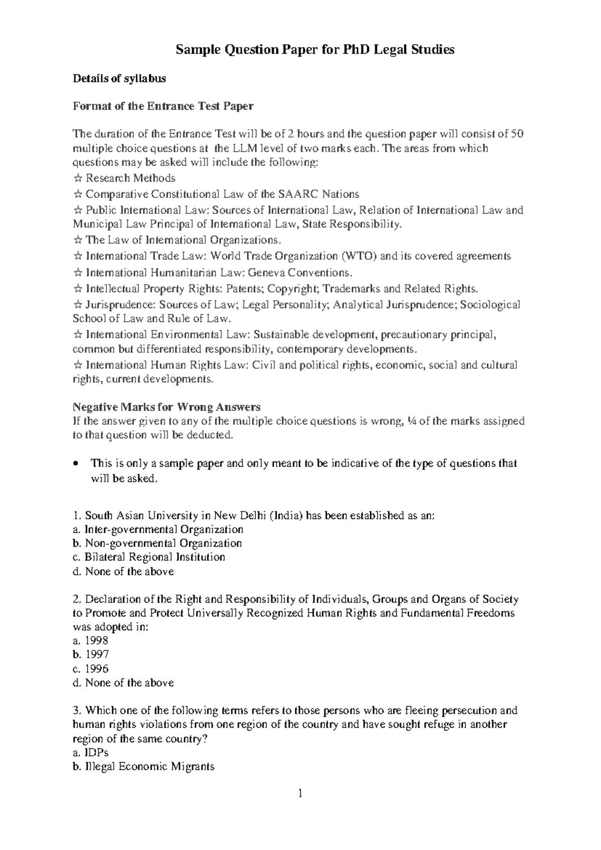 PhD-LAW-2019: Sample Entrance Test Paper for Legal Studies - Studocu