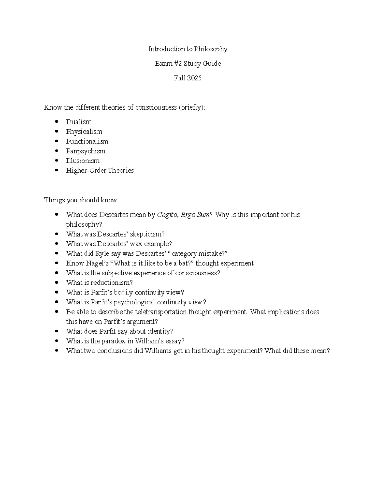 Exam #2 Study Guide: Theories of Consciousness in Philosophy (Fall 2025 ...