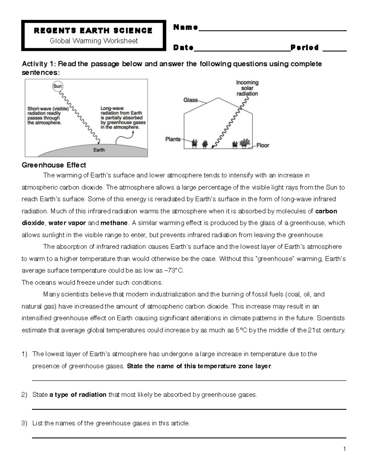 REGENTS EARTH SCIENCE Global Warming Worksheet & Activity 1 - Studocu