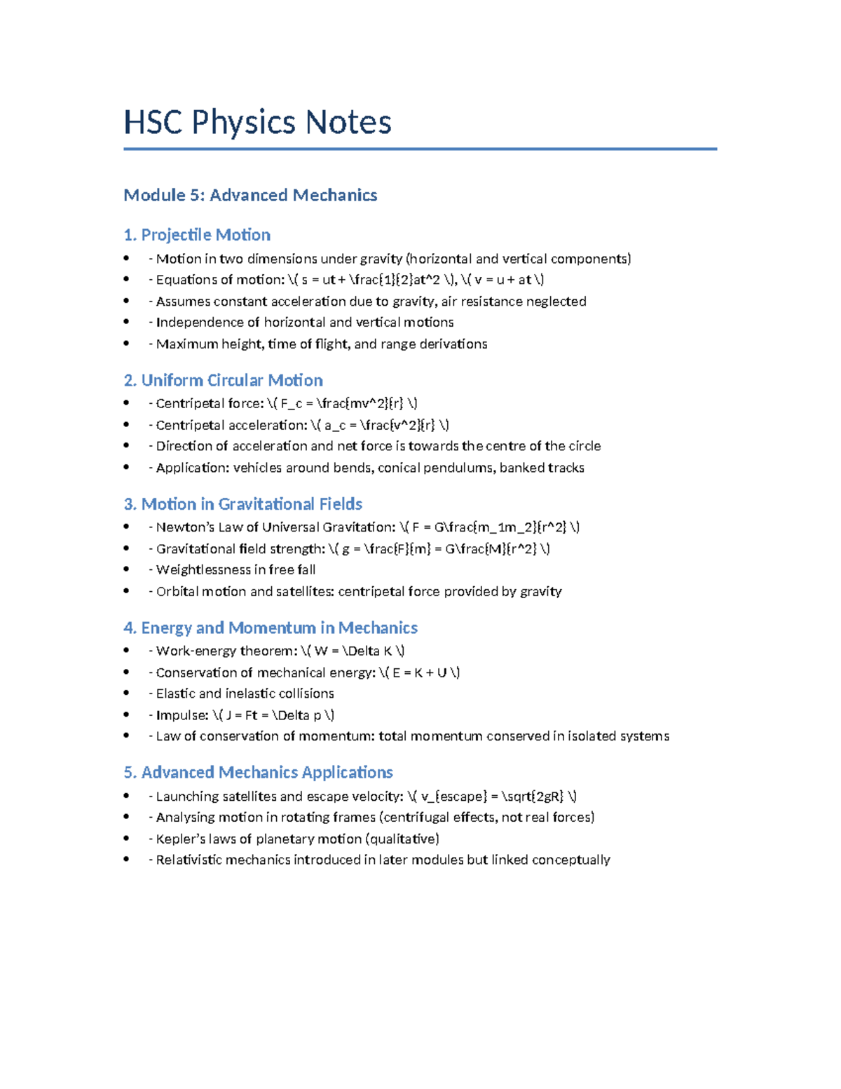 HSC Physics Notes: Module 5 - Advanced Mechanics Overview - Studocu