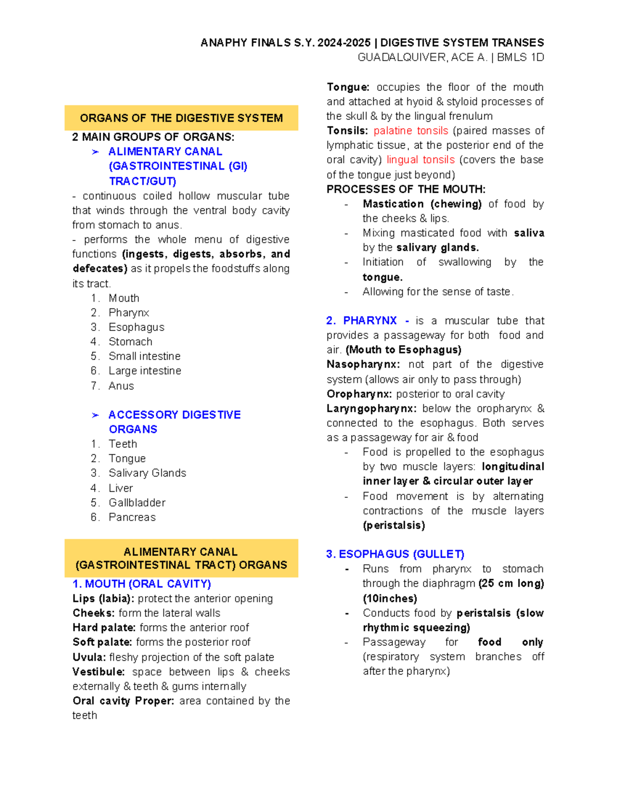 ANAPHY BMLS 1D FINALS DIGESTIVE SYSTEM DIGEST AND NOTES - Studocu