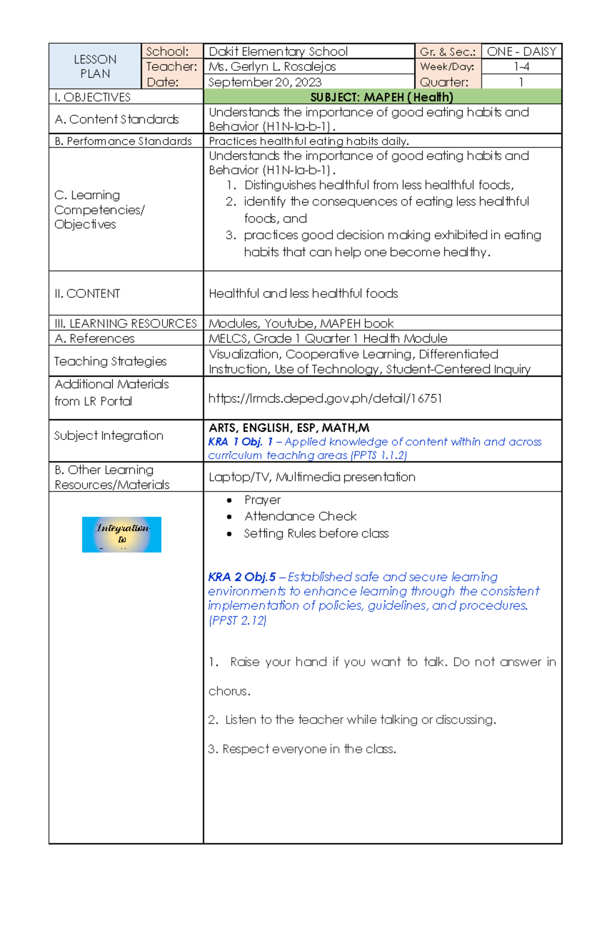 Q1 DLP MAPEH Health Grade 1: Good Eating Habits Lesson Plan - Studocu