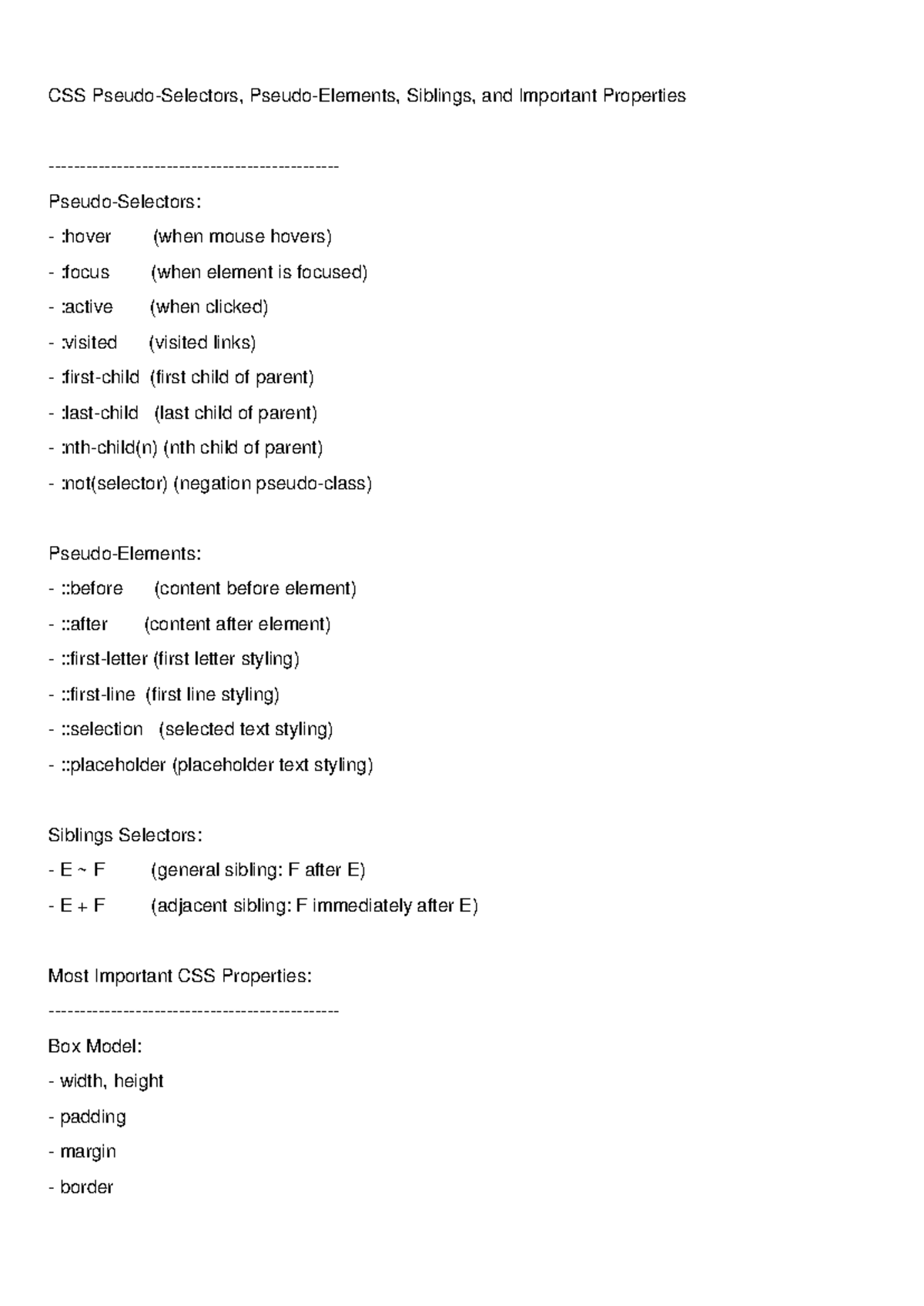 CSS Reference Sheet: Key Sibling Selectors & Properties - Studocu