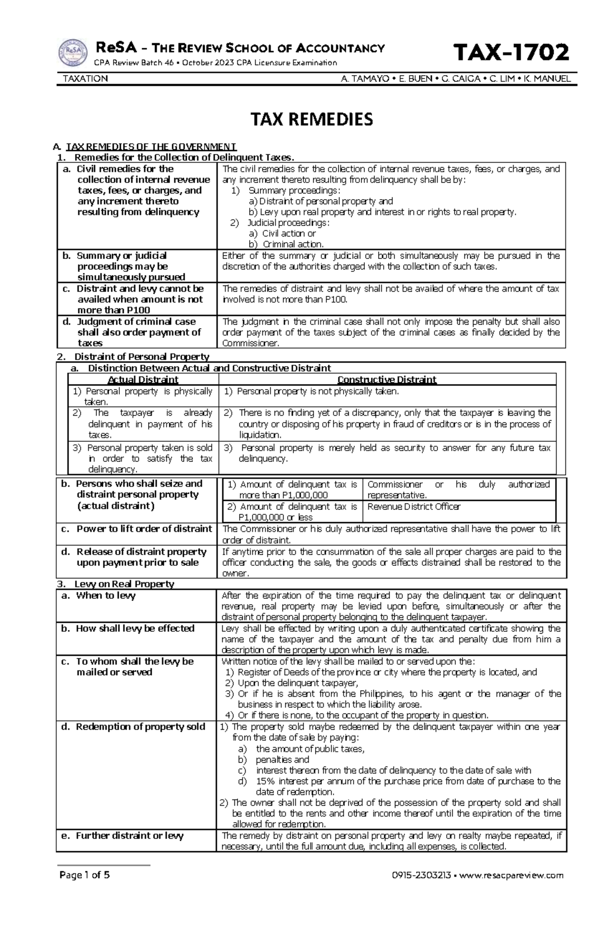 ReSA CPA Review Batch 46: Tax Remedies Overview for TAX-1702 - Studocu