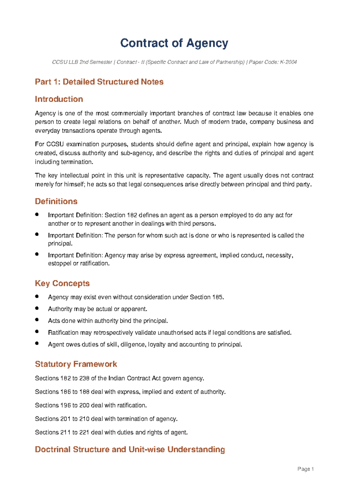 Contract of Agency Notes CCSU LLB 2nd Sem Contract II - Studocu