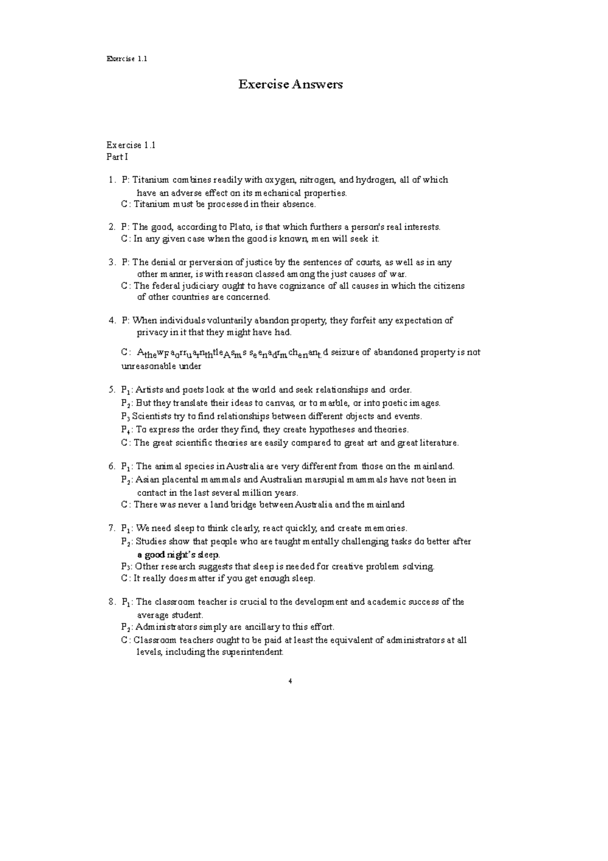 Patrick Hurley A Concise Introduction To Logic Exercise Answers Exercise 1 Exercise Answers