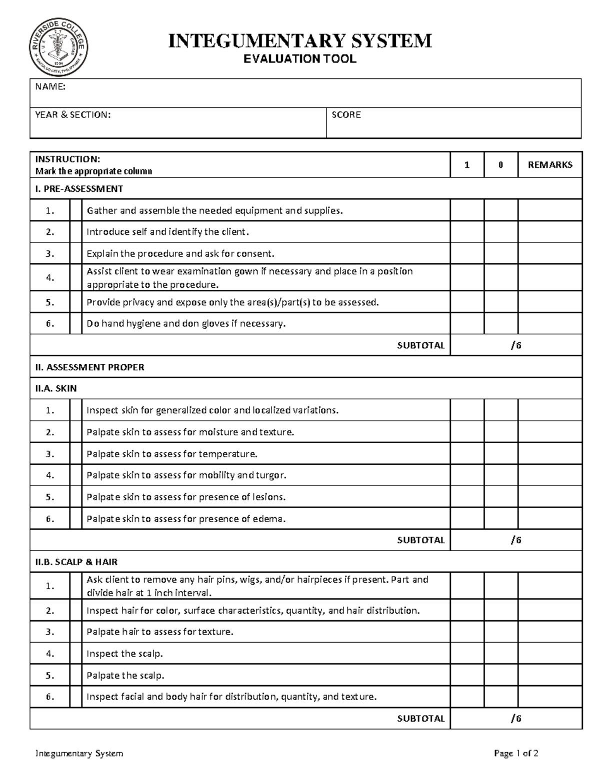 Integumentary System Evaluation Tool - Year & Section Assessment - Studocu