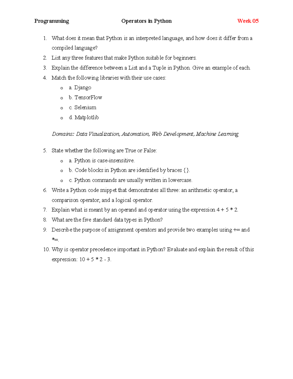 Python Programming Operators - Week 05 Questions & Concepts - Studocu