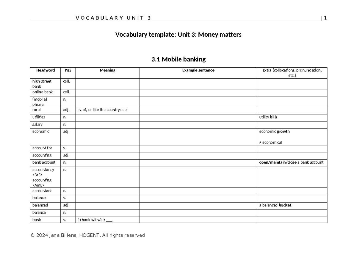 Unit 3 Vocabulary Notes: Money Matters & Banking Terms - Studocu