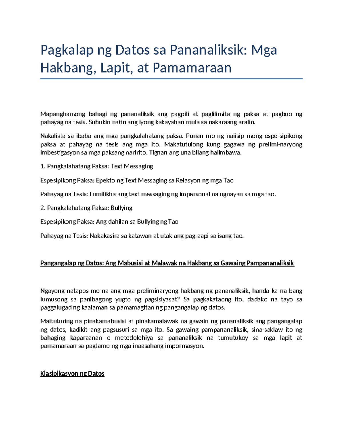 Pangangalap ng Datos sa Pananaliksik: Hakbang at Pamamaraan - Studocu