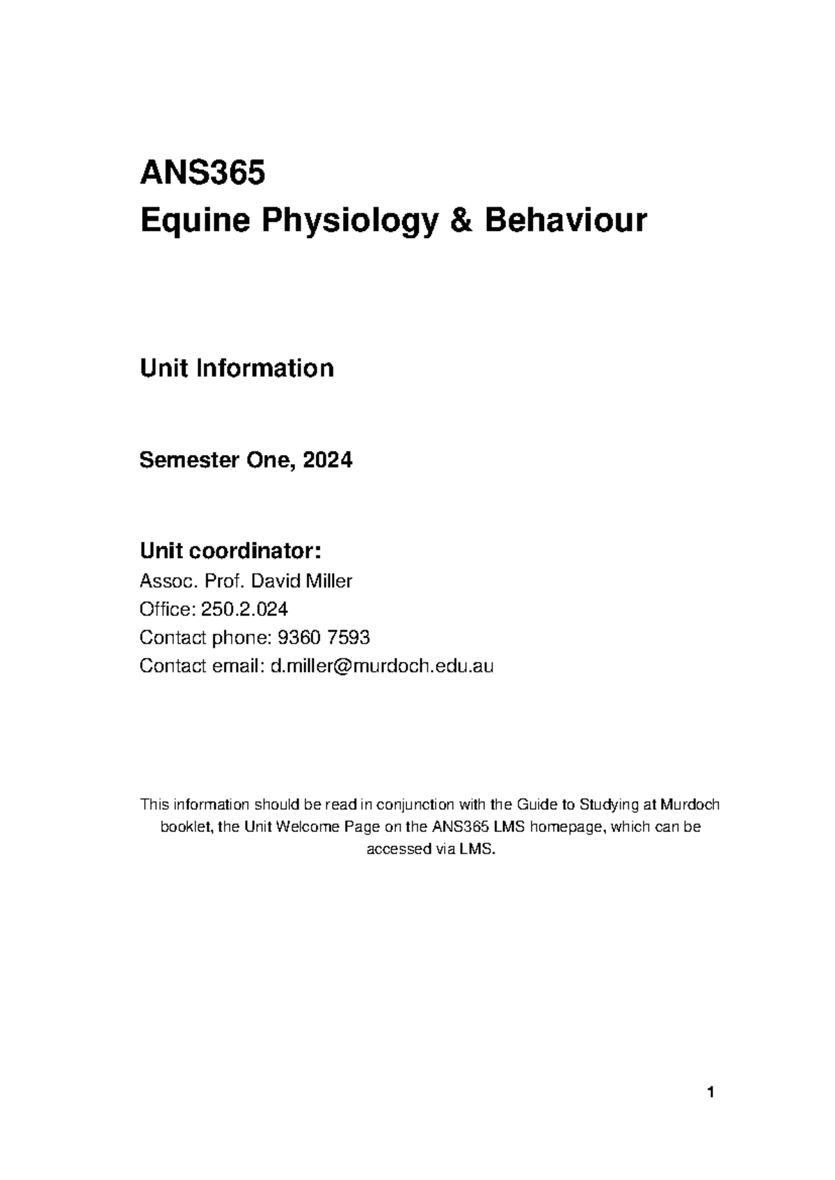 ANS365 Equine Physiology & Behaviour Unit Info - Guideline for 2024 ...