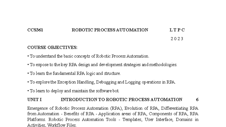 CCS361 Robotic Process Automation Syllabus 2023 - Studocu