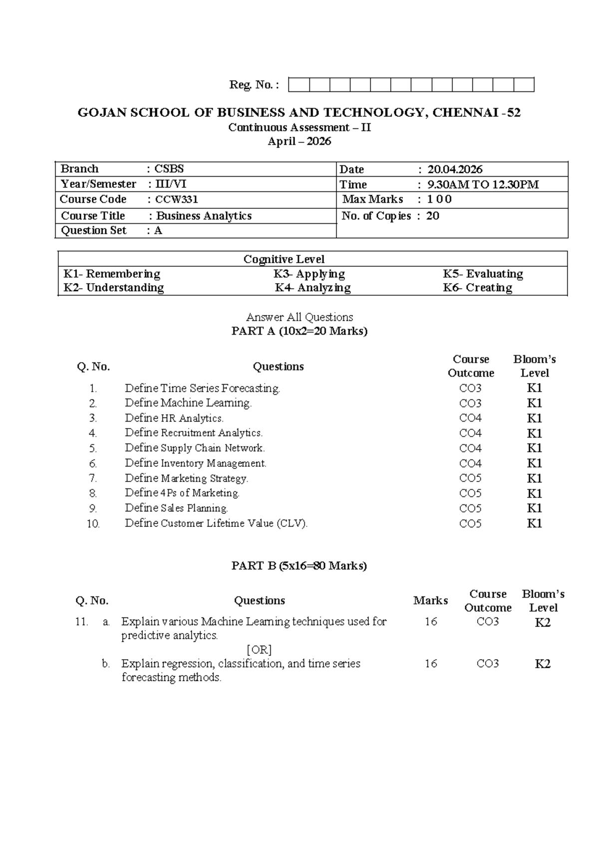 CA II QP CCW331 Business Analytics Set A - April 2026 - Studocu
