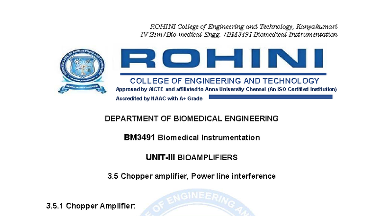 BM3491 Biomedical Instrumentation: Chopper Amplifiers & Power Line Interference - Studocu