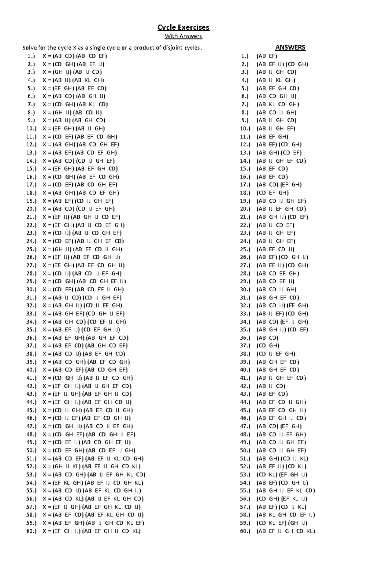 Cycle Exercises With Answers - Cycle Exercises With Answers Solve for ...