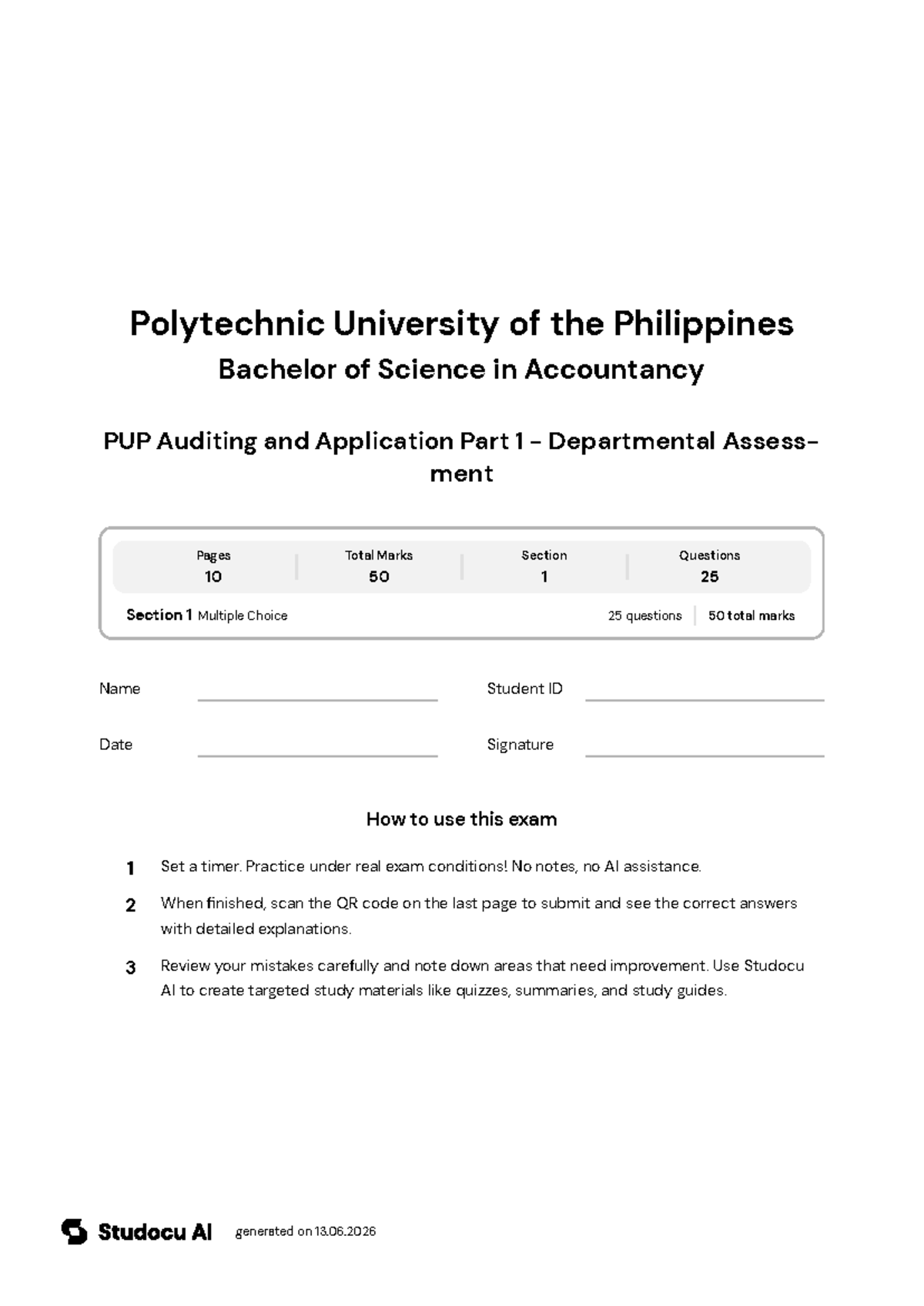 PUP Auditing and Application Part 1 - Departmental Assessment - Studocu