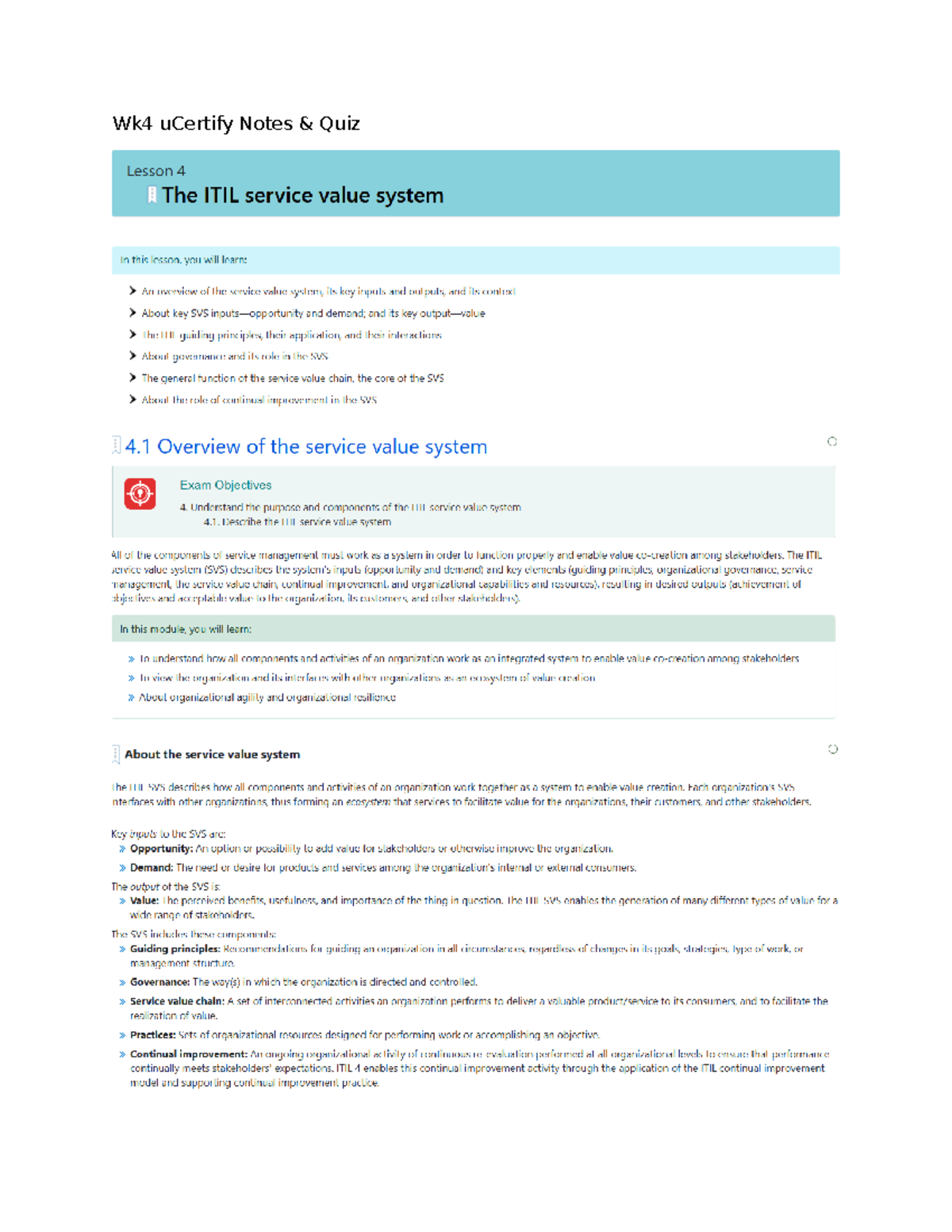 ITIL 4 Week 4 Notes & Quiz: Understanding the Service Value System ...