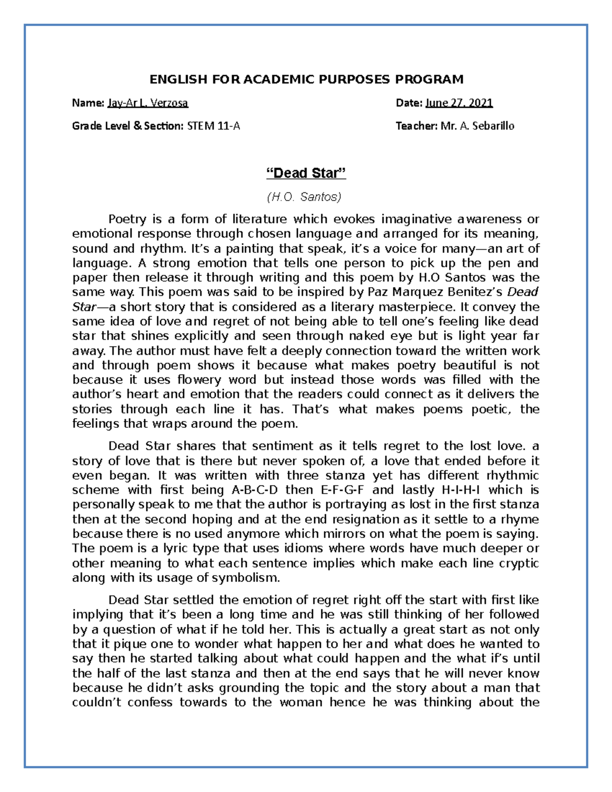 Critique Paper on "Dead Star" by H.O. Santos (EAPP) - Studocu