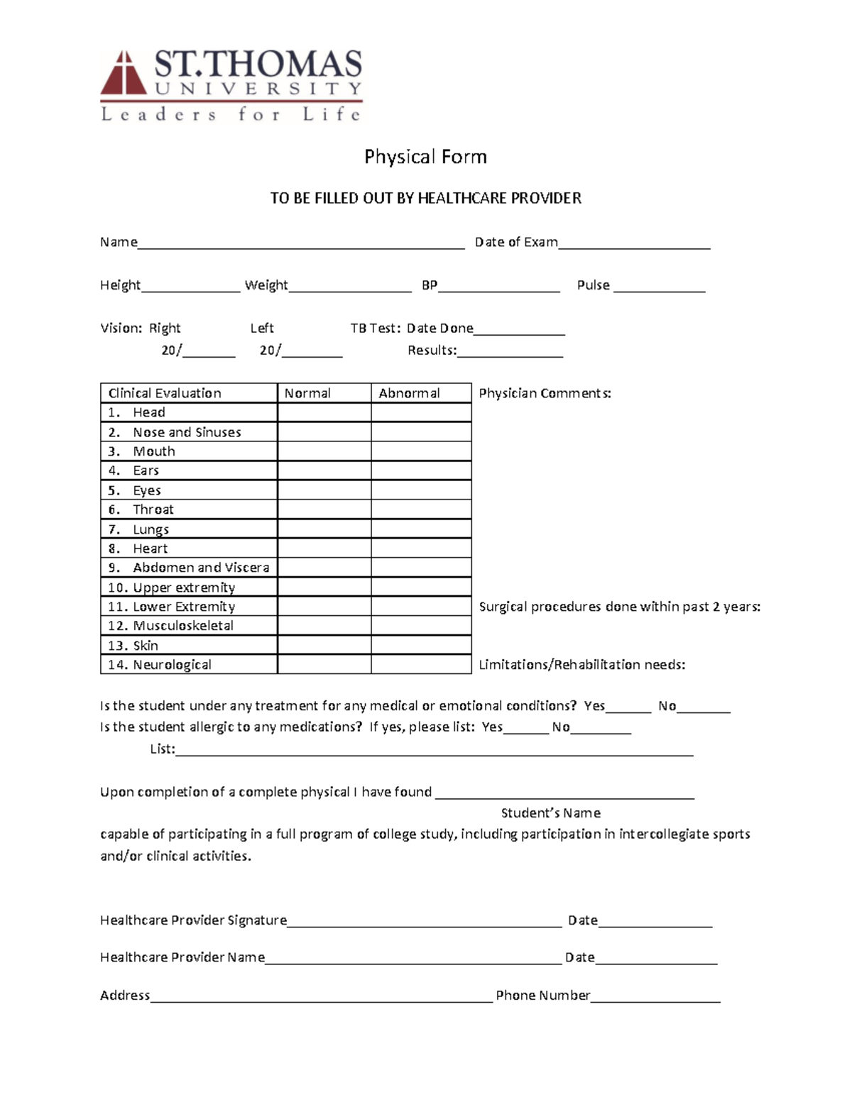 St Thomas Physical Form for Medical Clearance & Evaluation - Studocu