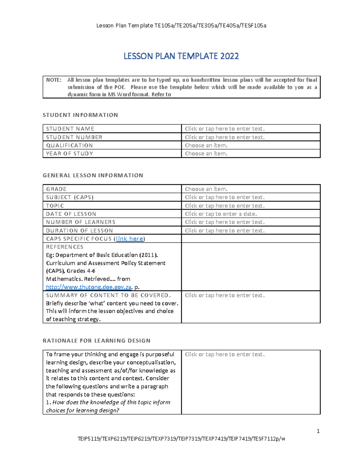 TEIP6219 TE205a Comprehensive Lesson Plan Template 2022 - Studocu
