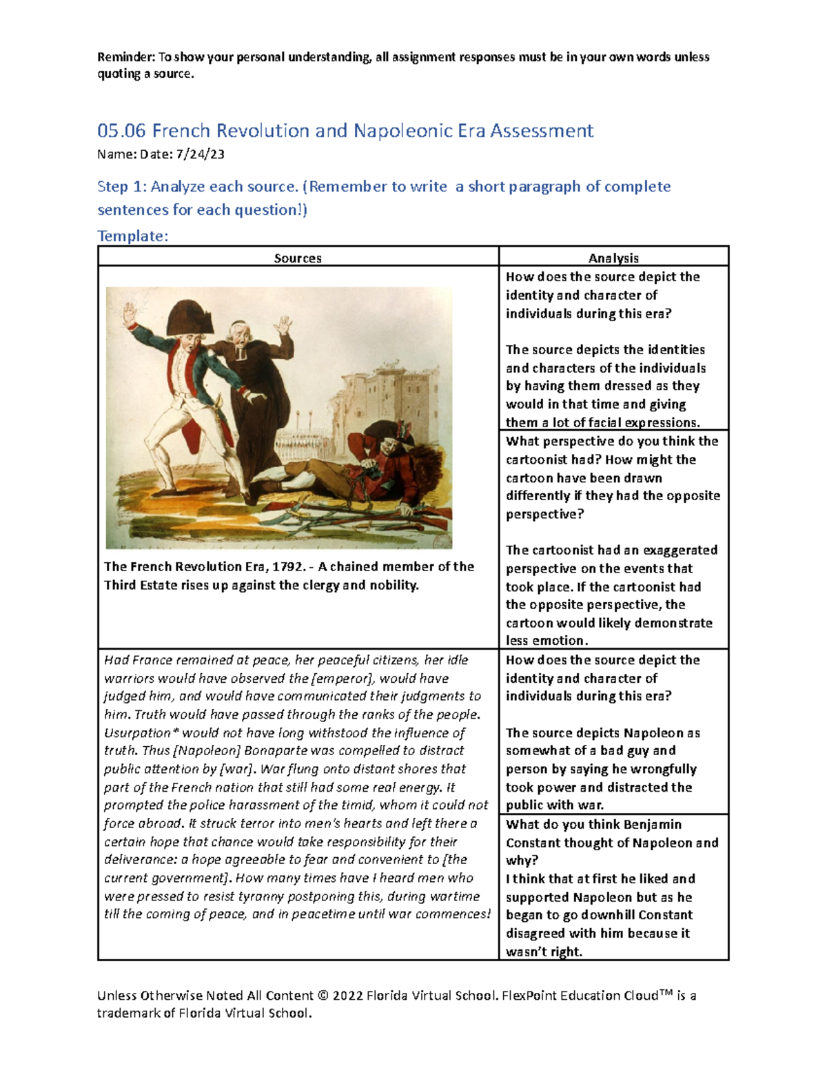 5.06 French Revolution and Napoleon Assessment: Analyzing Perspectives ...