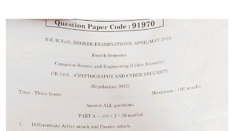 CB3491 Final Exam Question Paper 2025 - Cryptography & Cyber Security ...