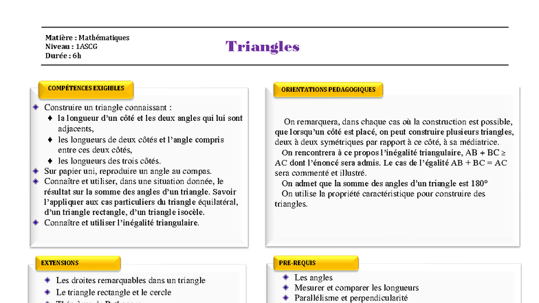 Mathématiques 1ASCG : Construction et Propriétés des Triangles - Studocu
