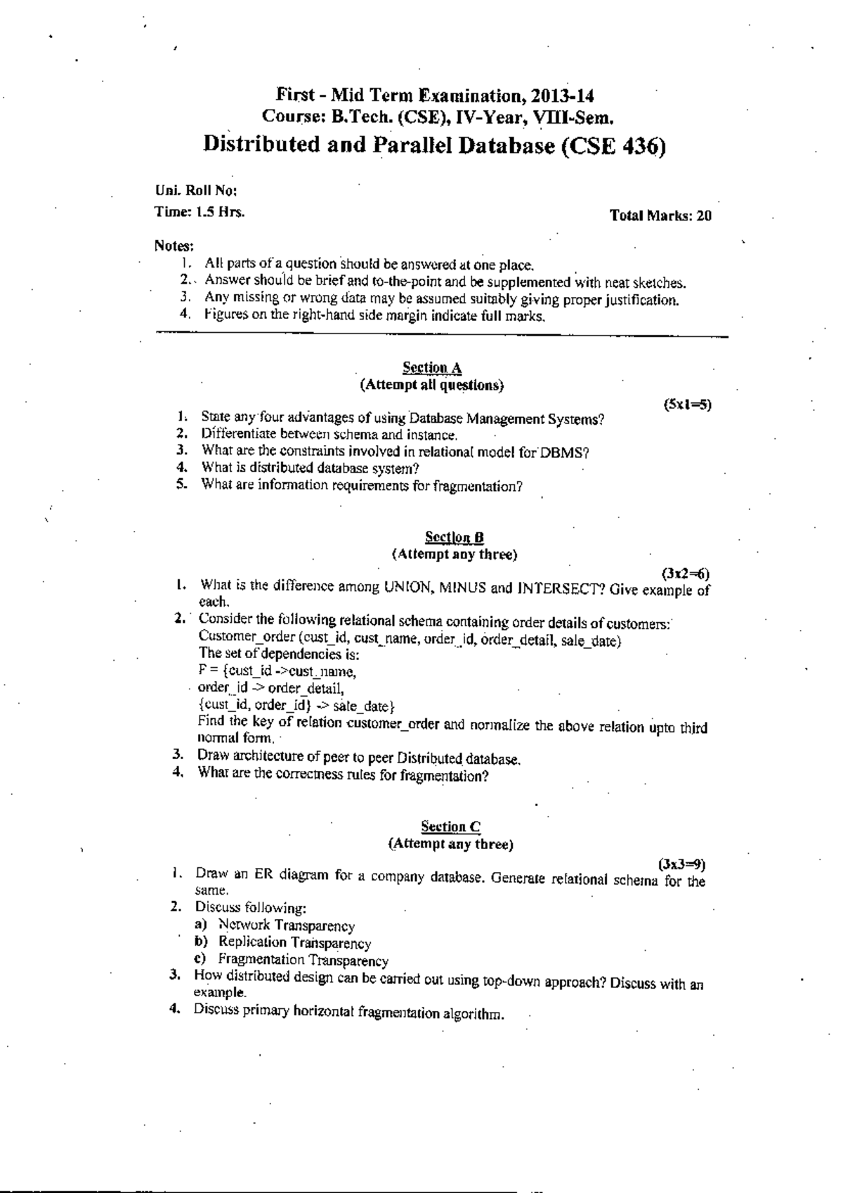 1st Mid Term Exam Notes: B.Tech. (CSE) - Distributed & Parallel DB (CSE ...
