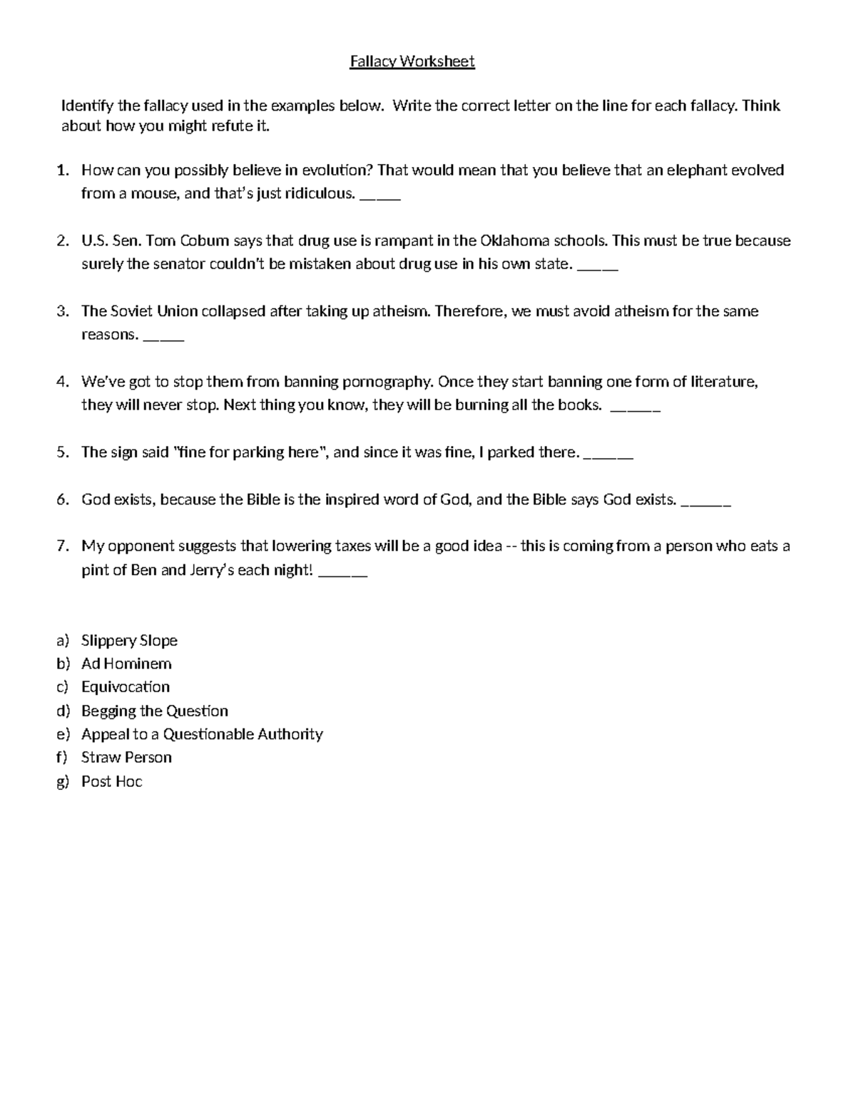 Fallacies Matching Exercise 1: Identifying and Refuting Common ...
