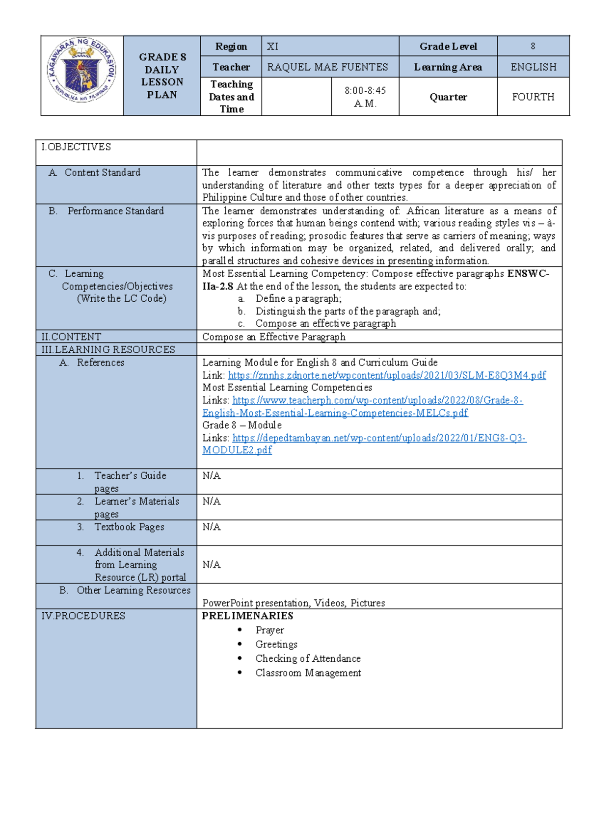 Grade 8 - Lesson Plan on Effective Paragraph Composition - Studocu