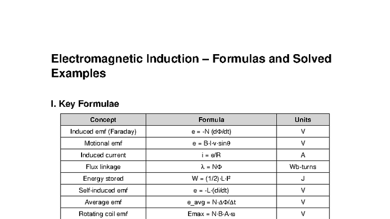 U 3 Electromagnetic Induction: Key Formulas & Solved Examples - Studocu