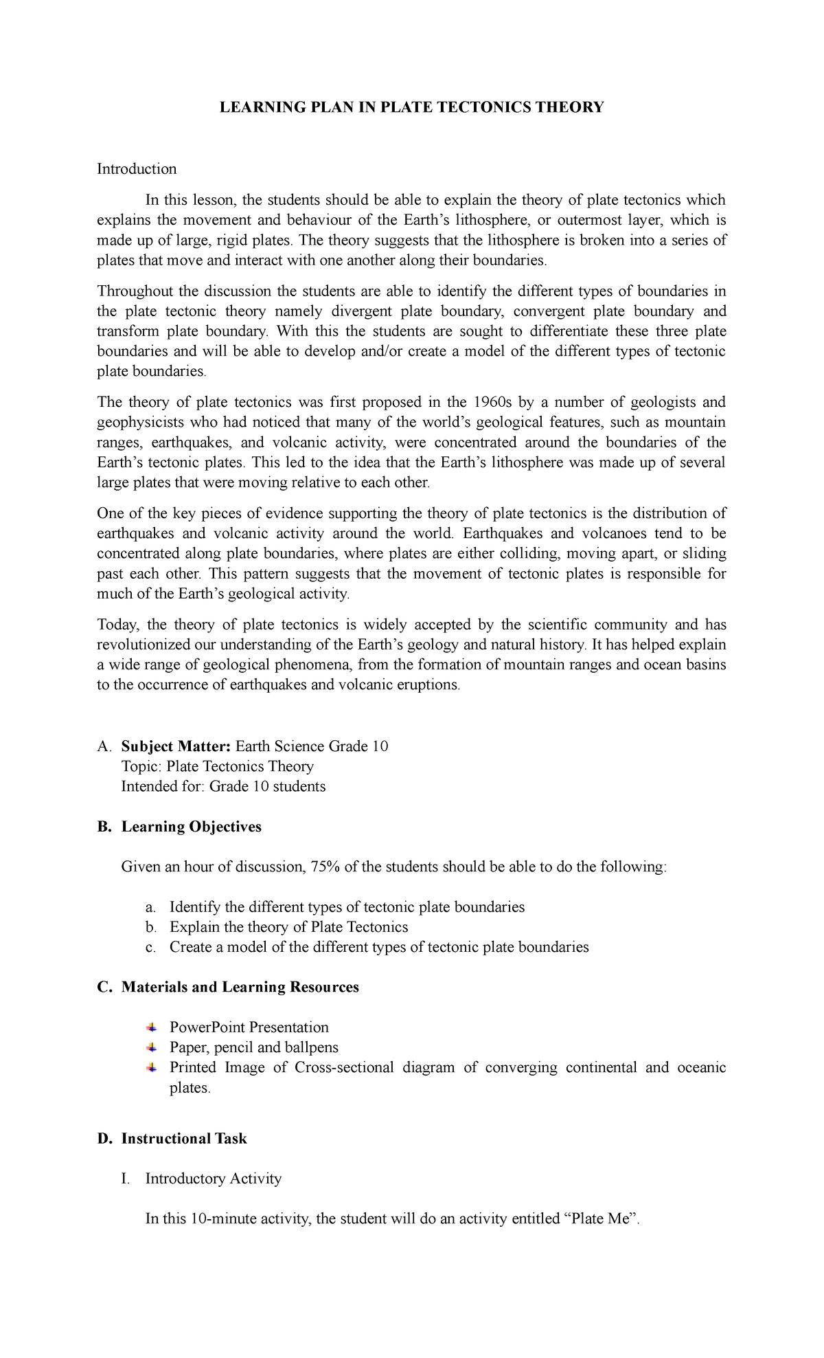 Learning Plan for Earth Science 10: Plate Tectonics Theory - Studocu