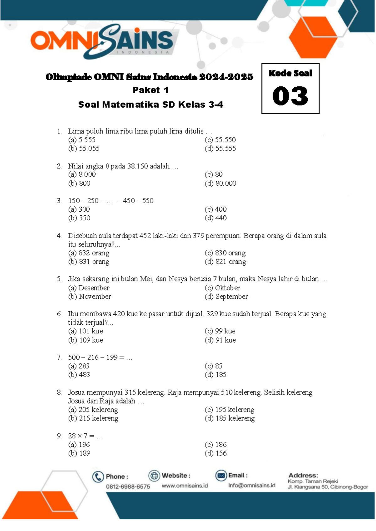 Olimpiade OMNI Sains Indonesia Paket 1 Soal Matematika SD Kelas MTK 3-4 ...