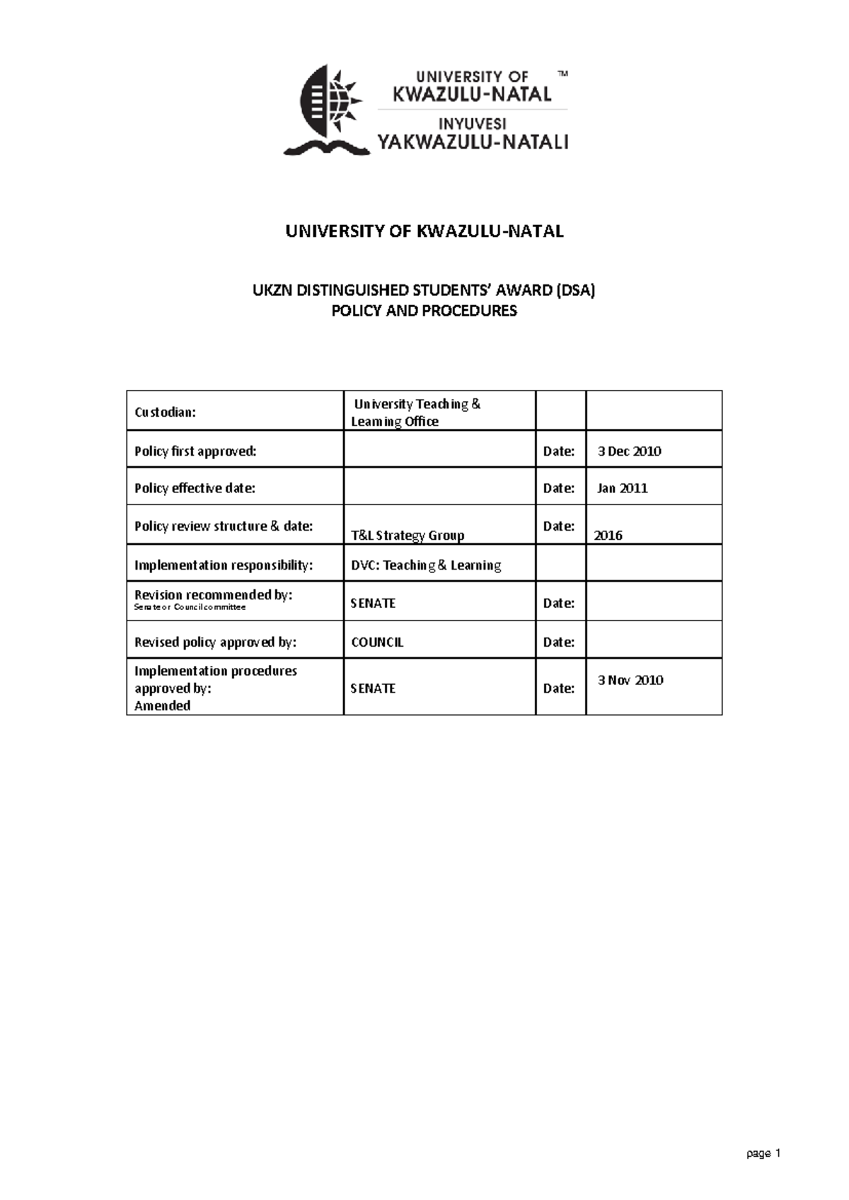 UKZN Distinguished Student Award (DSA) Policy and Procedures 2012 - Studocu
