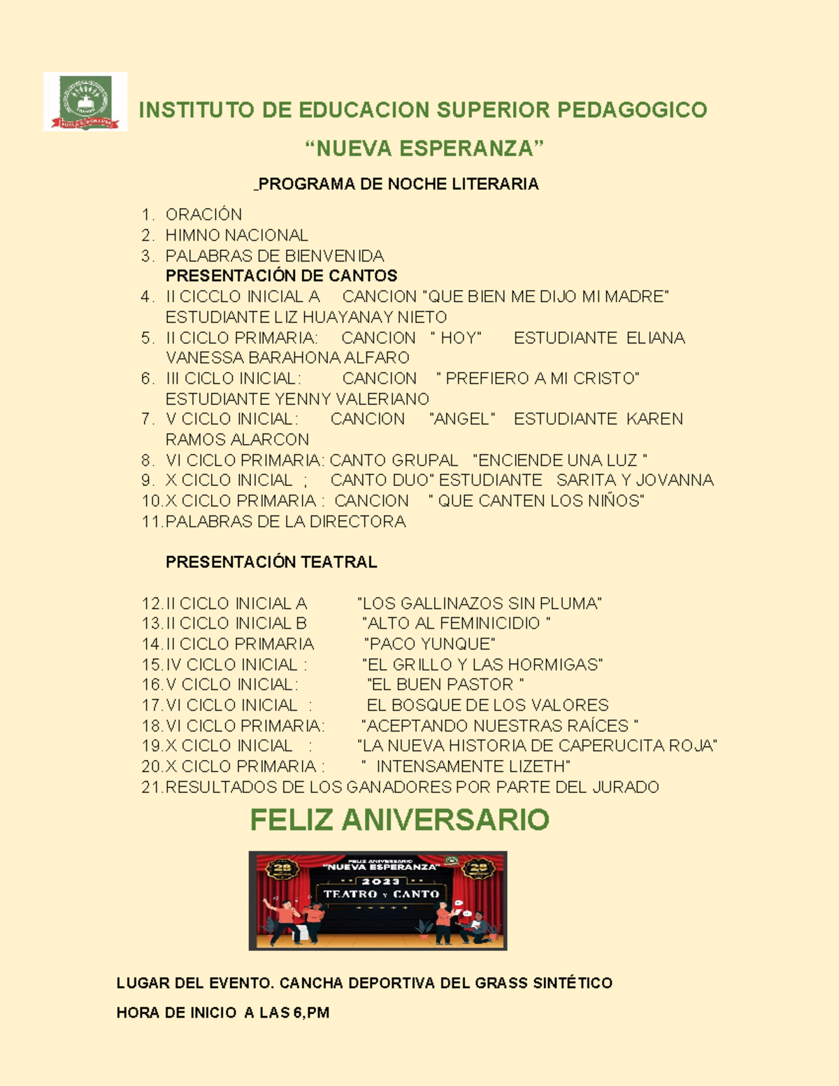 Programa para Concurso de Canto y Teatro - II a X Ciclo - Studocu