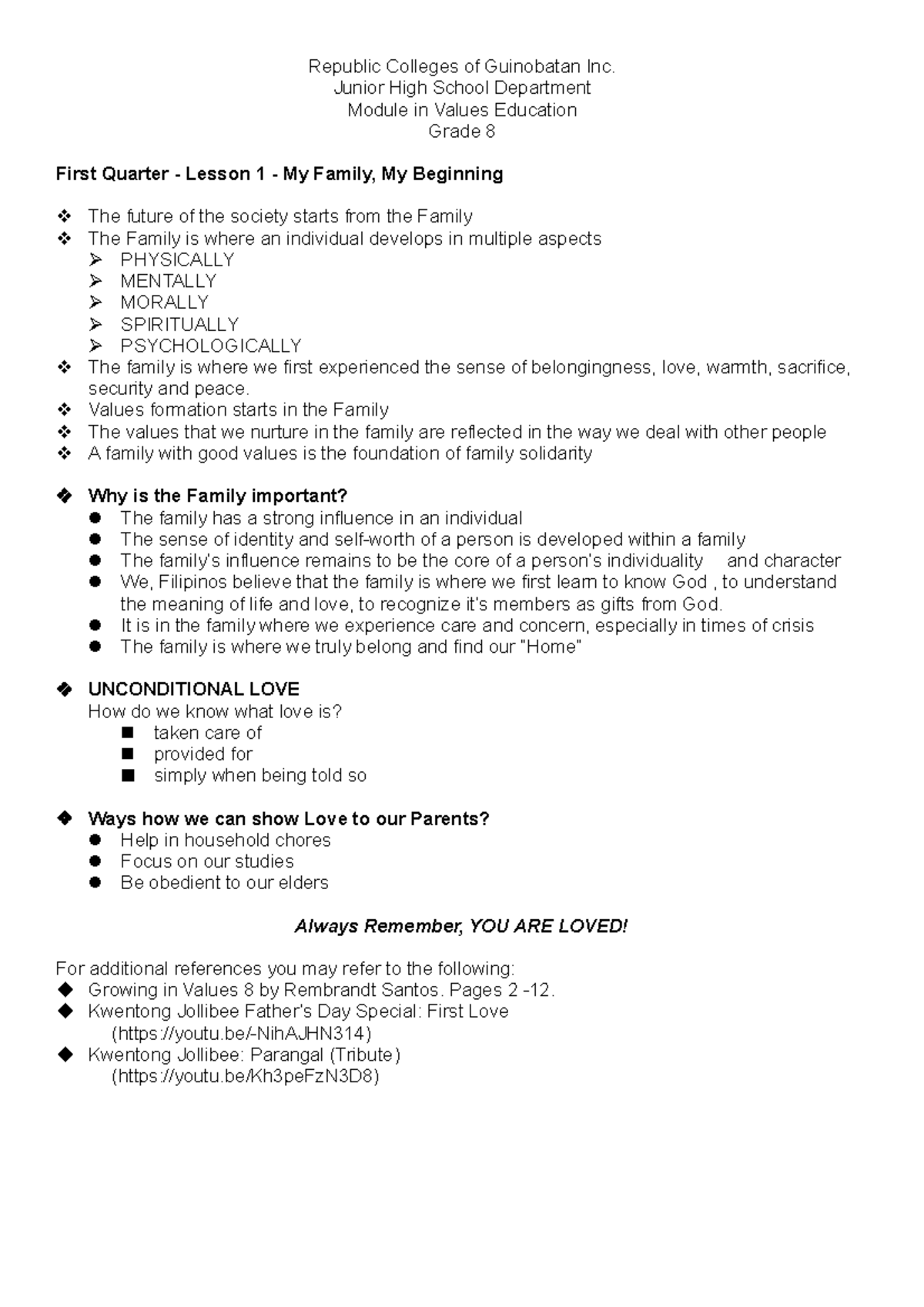 Values Education 8: First Quarter Lessons - Family and Relationships ...