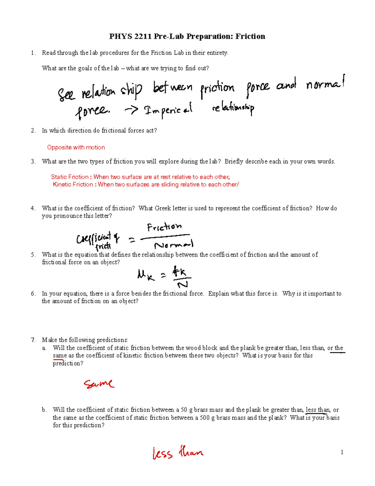 Friction Lab Pre-Lab Guide - PHYS 2211 Preparation Notes - Studocu