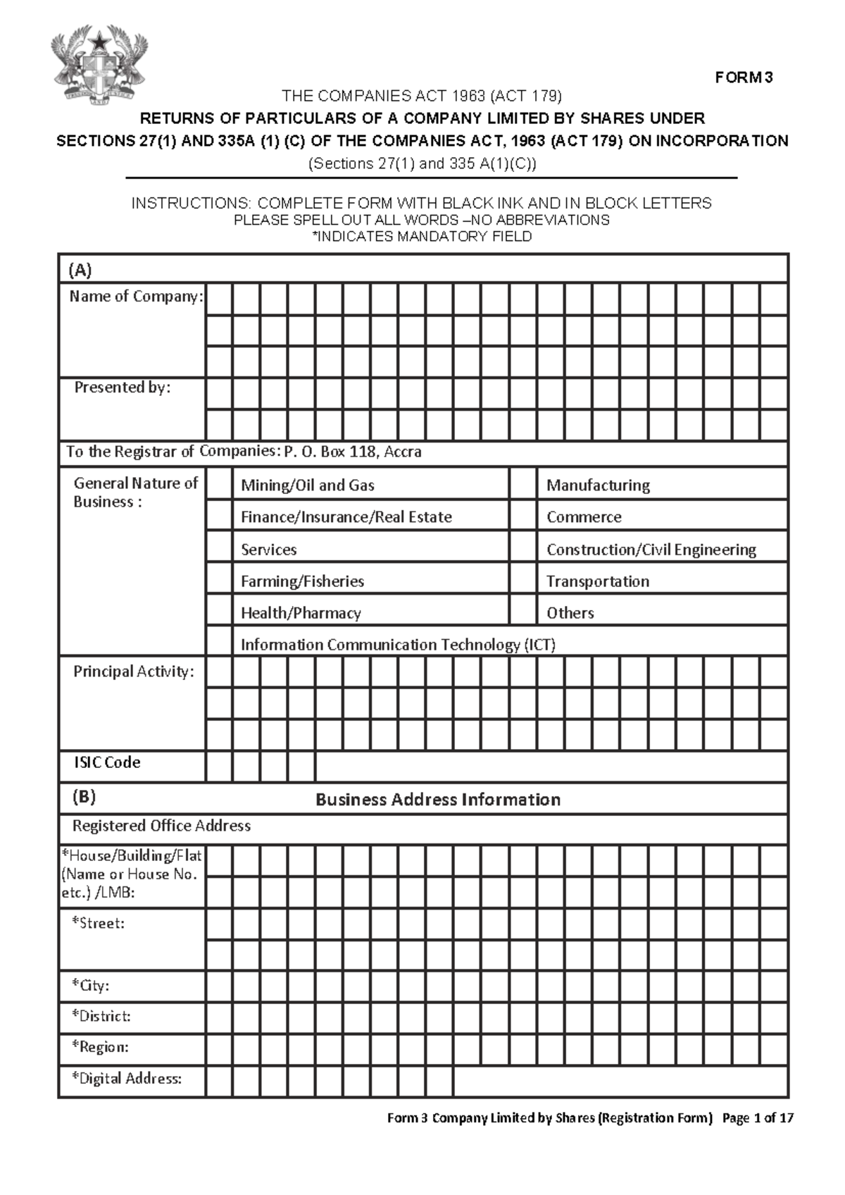FORM 3: RETURNS OF PARTICULARS OF A COMPANY LIMITED SHARES (ACT 179 ...