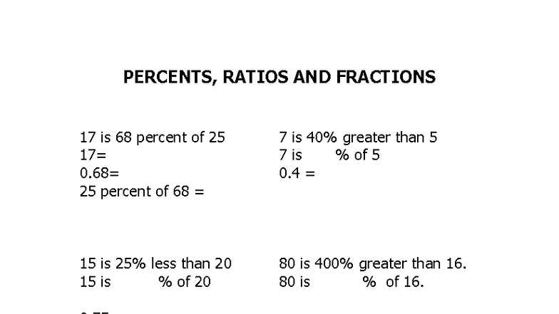 Percents, Ratios, and Fractions: Key Concepts and Examples (MATH 10 ...