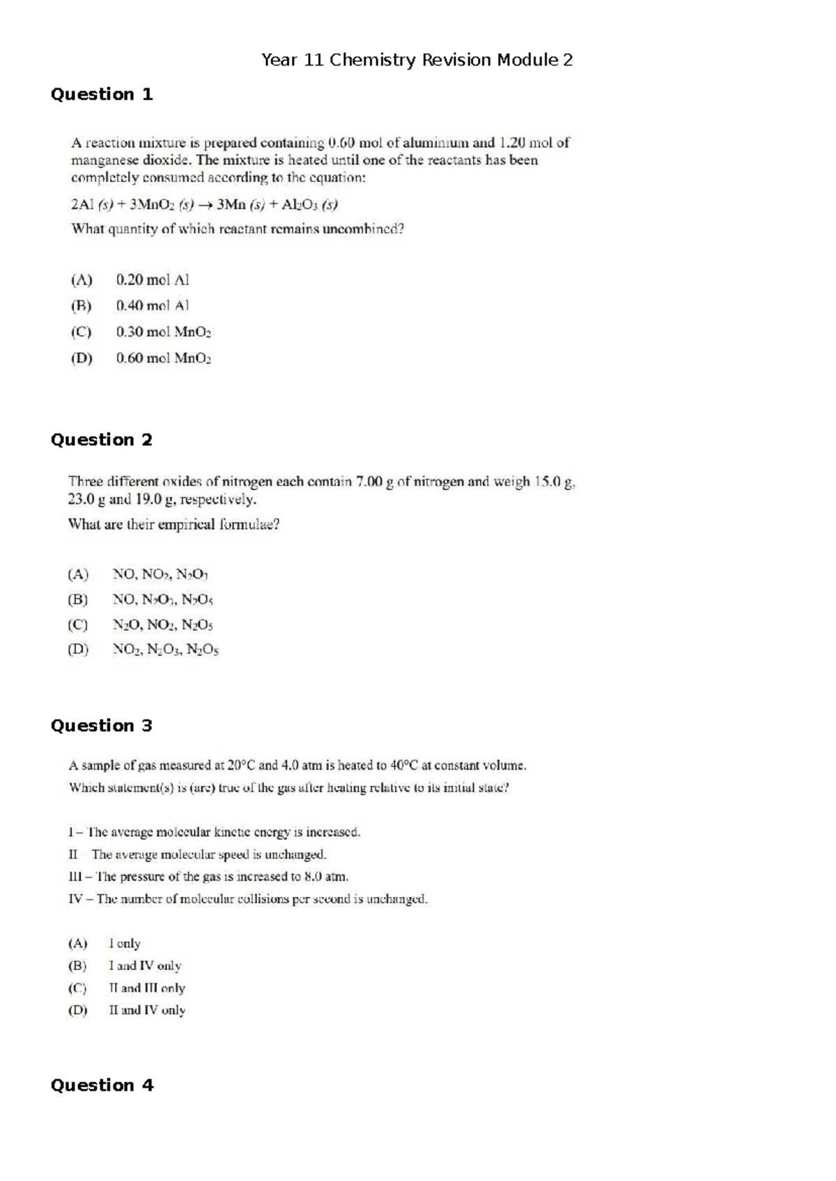 Year 11 Chemistry Revision Module 2 Test 1 Answers copy - Question 5 ...