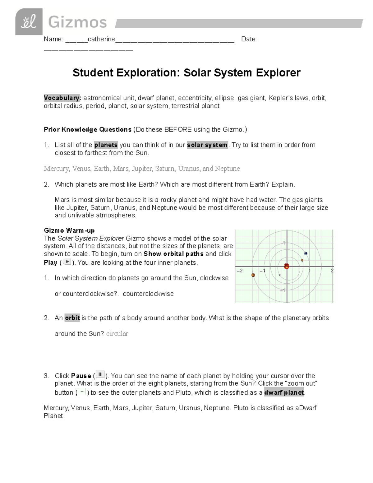 Student Exploration: Solar System Explorer (SE) Guide - Name: catherine