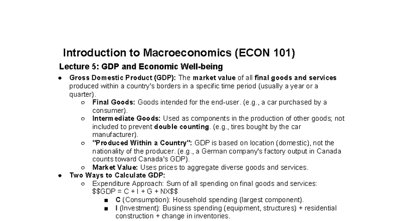 Introduction to Macroeconomics (ECON 101) Lecture 5: Understanding GDP ...