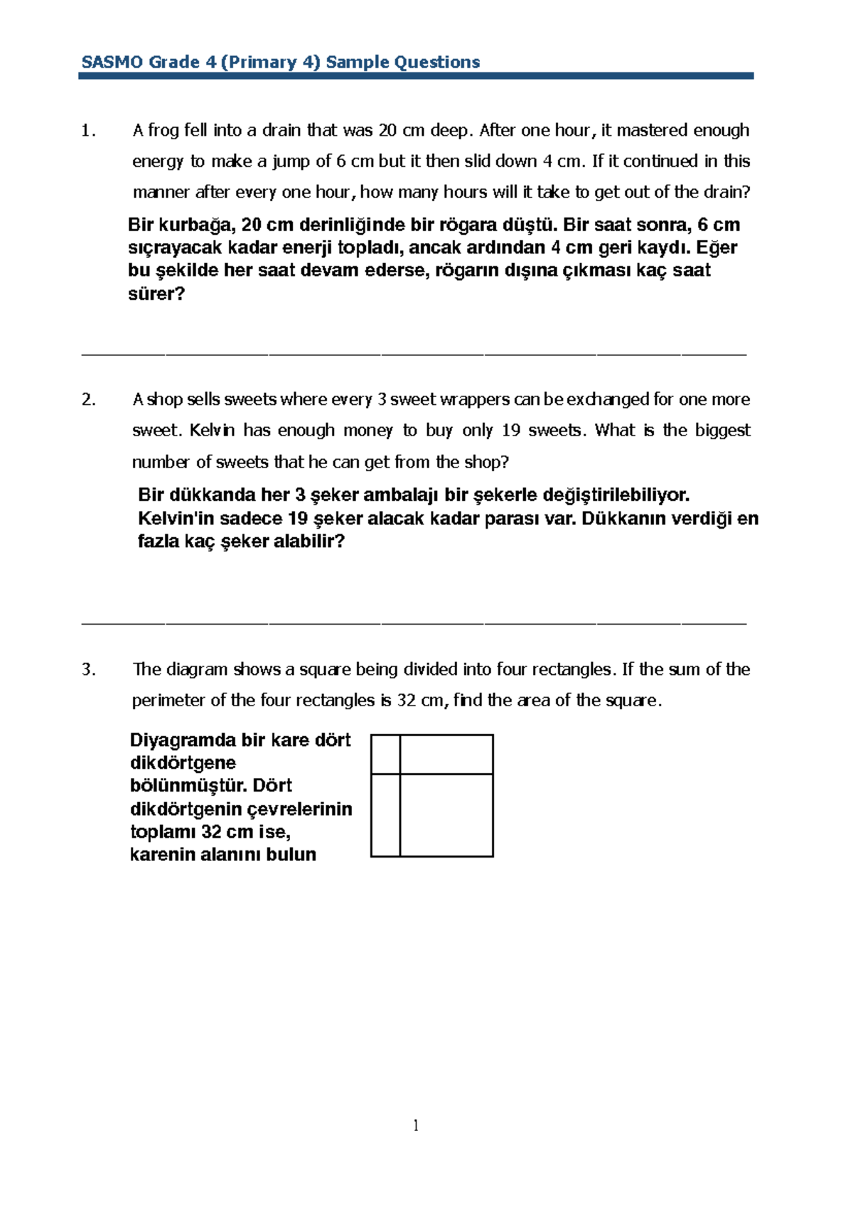 Sasmo-Sample-Papers-For-Primary-Grade-4 kopyası - 1. A frog fell into a drain that was 20 cm ...
