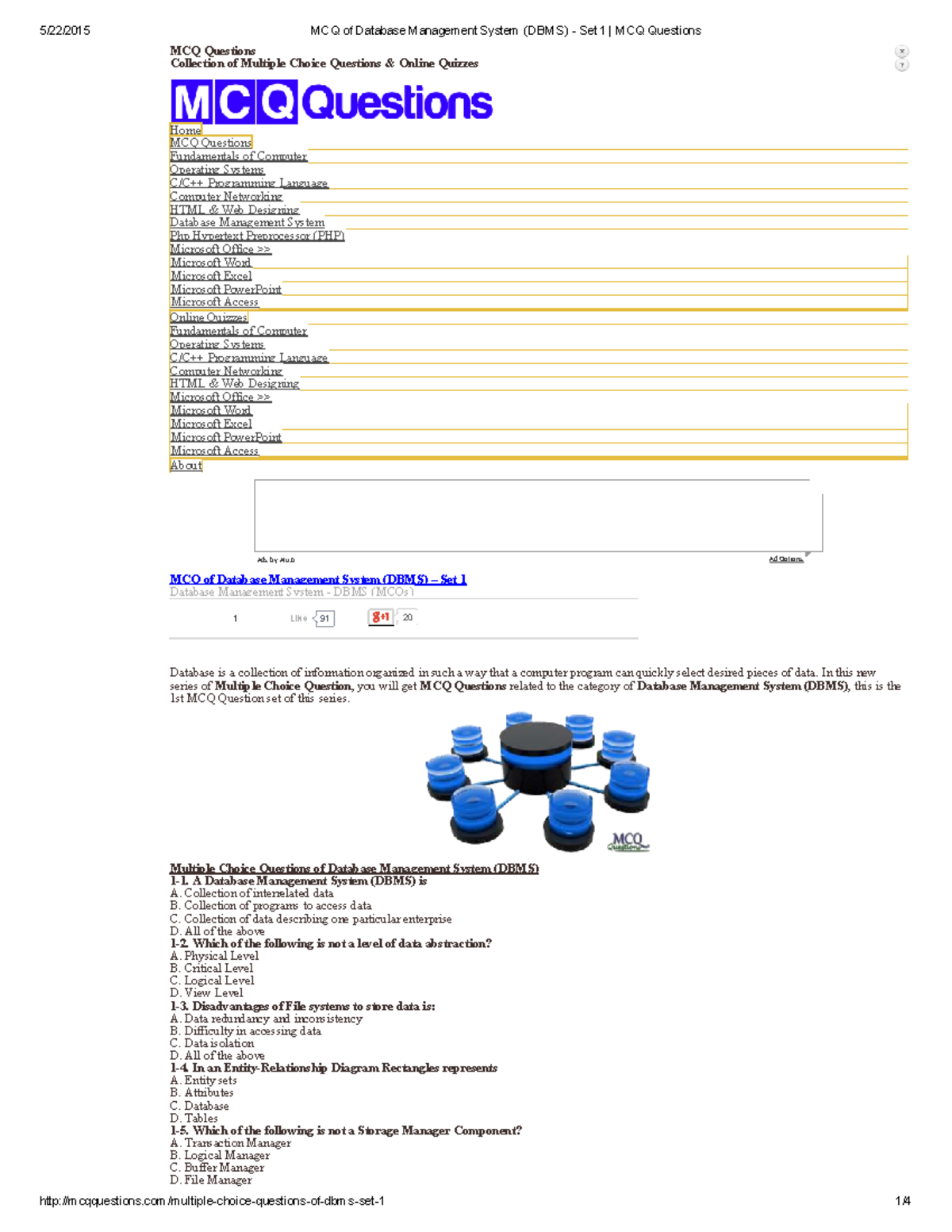 MCQ Questions on Database Management System (DBMS) - Set 1 - Studocu