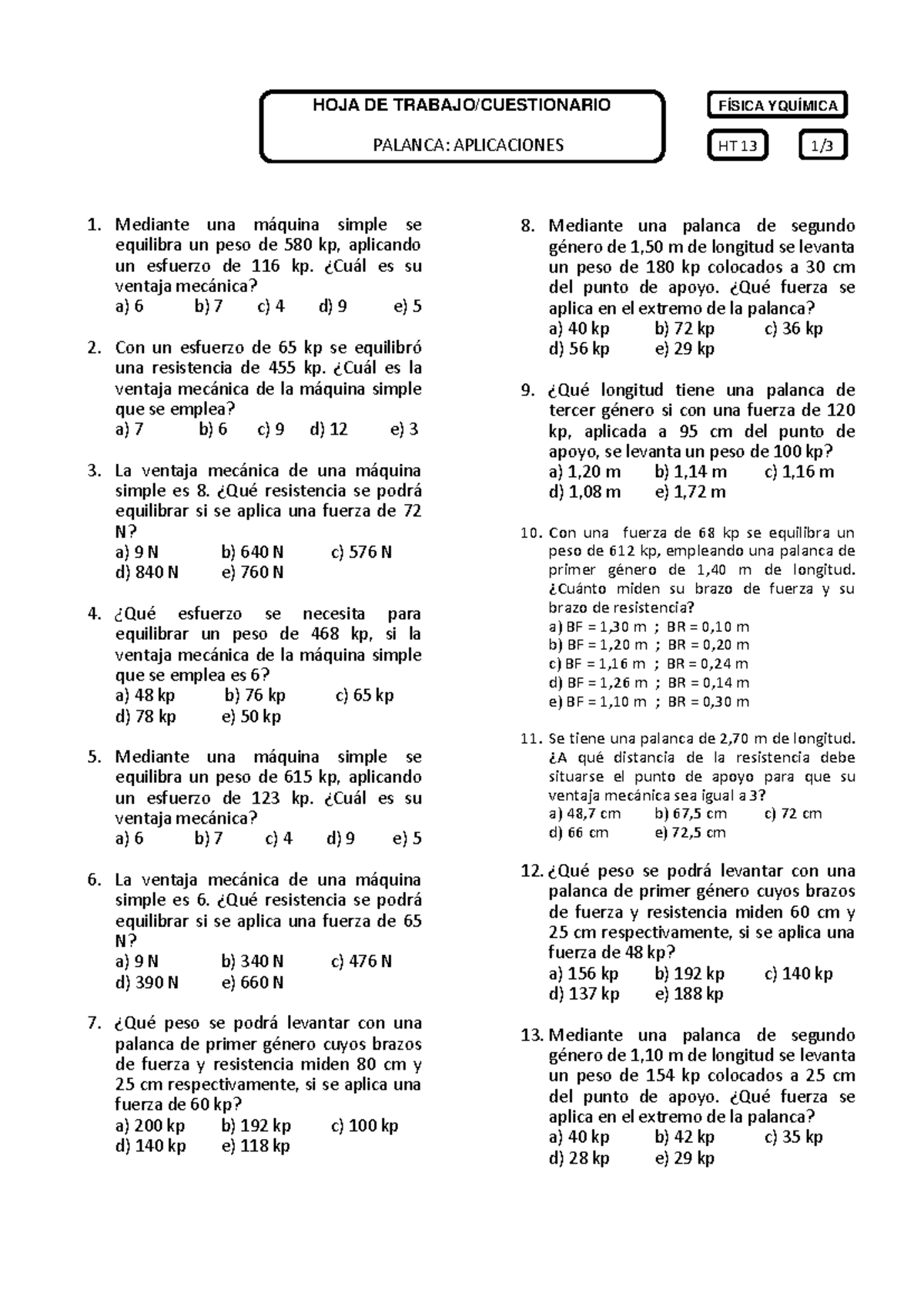 HT 13: Ventaja Mecánica en Máquinas Simples - Ejercicios y Soluciones ...